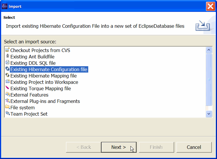 Eclipsedatabase Import Existing Hibernate Configuration